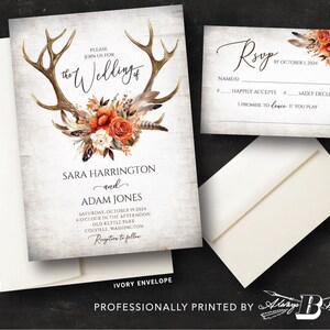PRINTED Elk Wedding Invitation Rustic Invitations & RSVP Birch Flowers ...