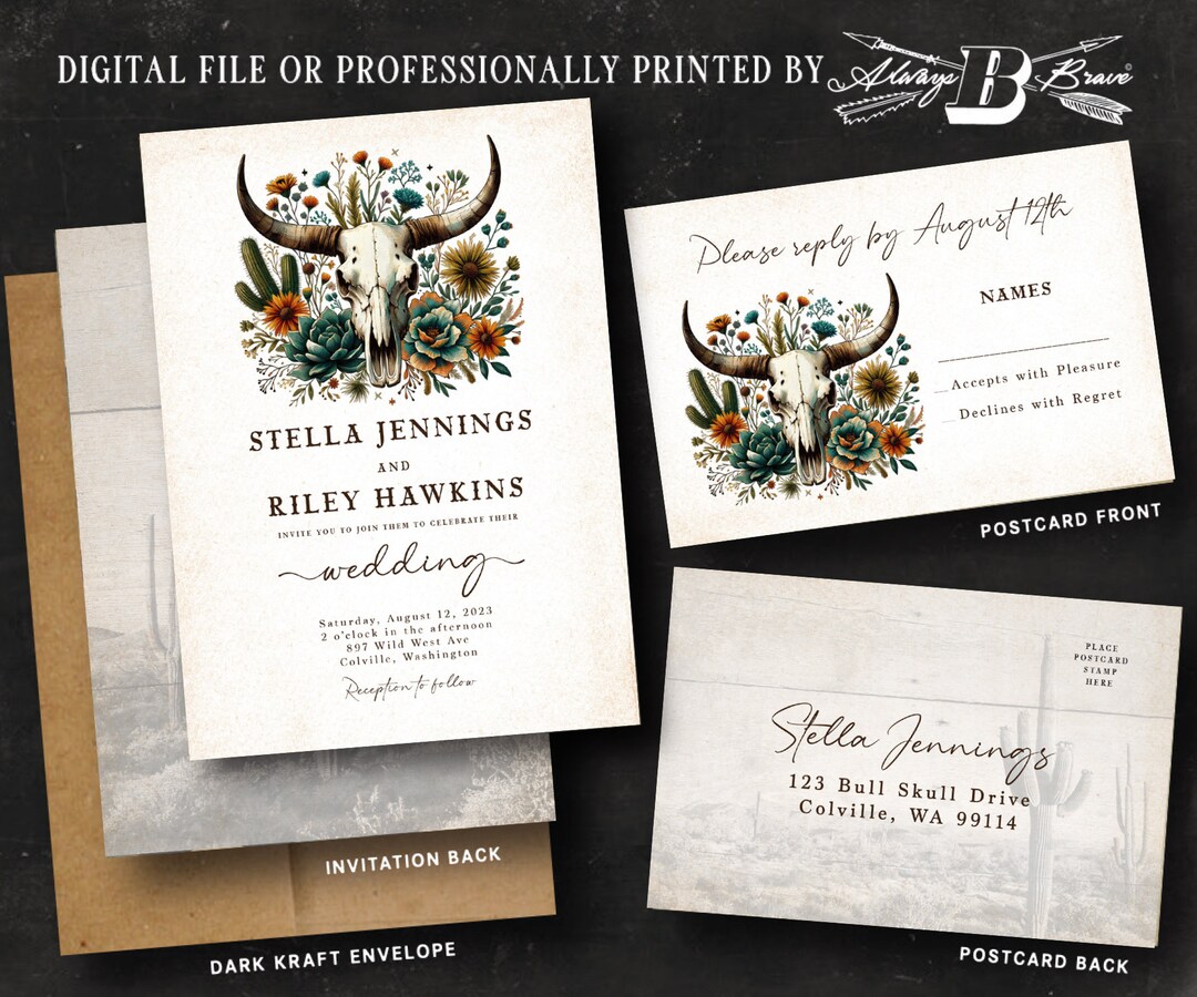 Bull Skull Wedding Invitation Western Invites Cactus Invite Bohemian ...