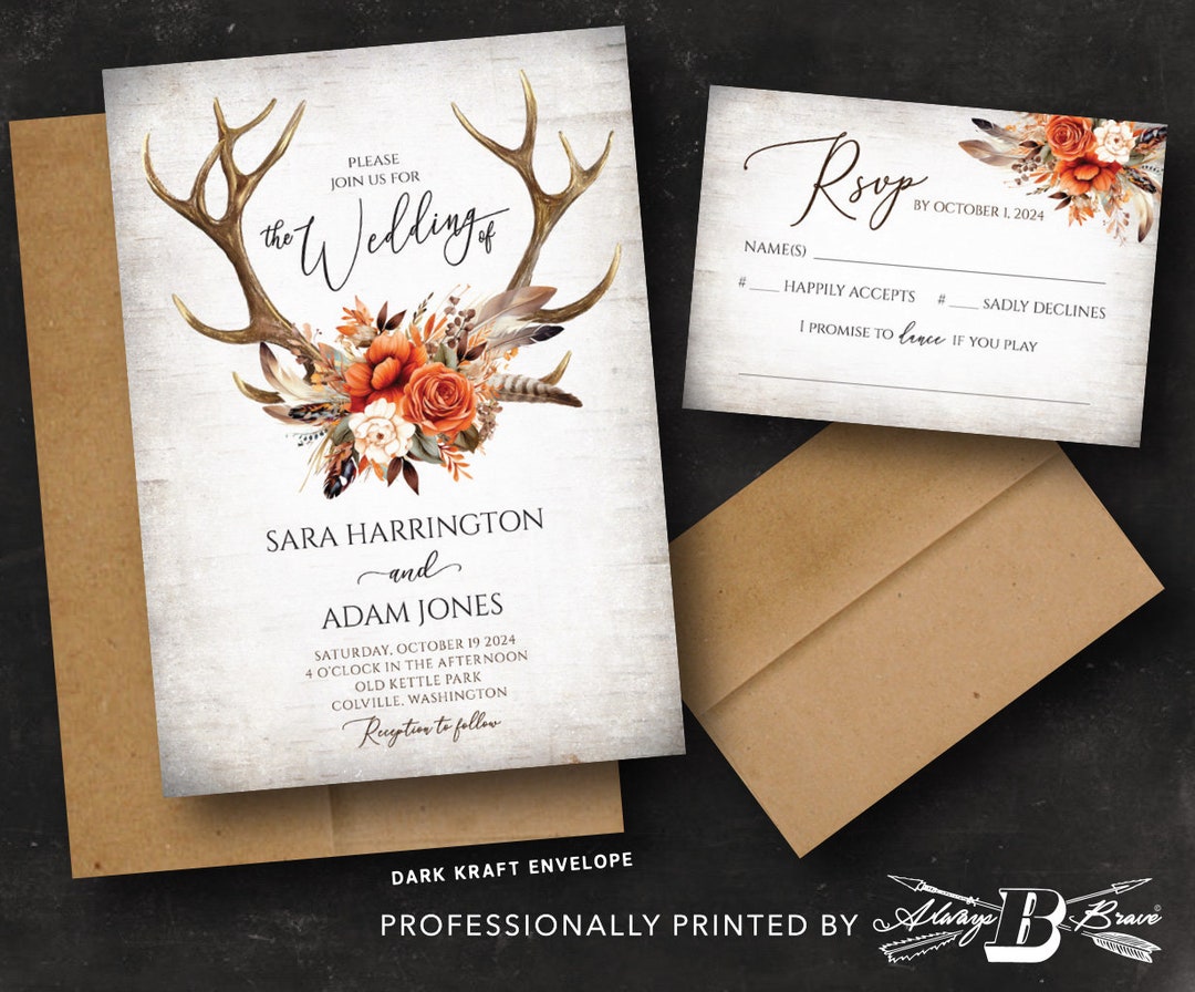 PRINTED Elk Wedding Invitation Rustic Invitations & RSVP Birch Flowers ...