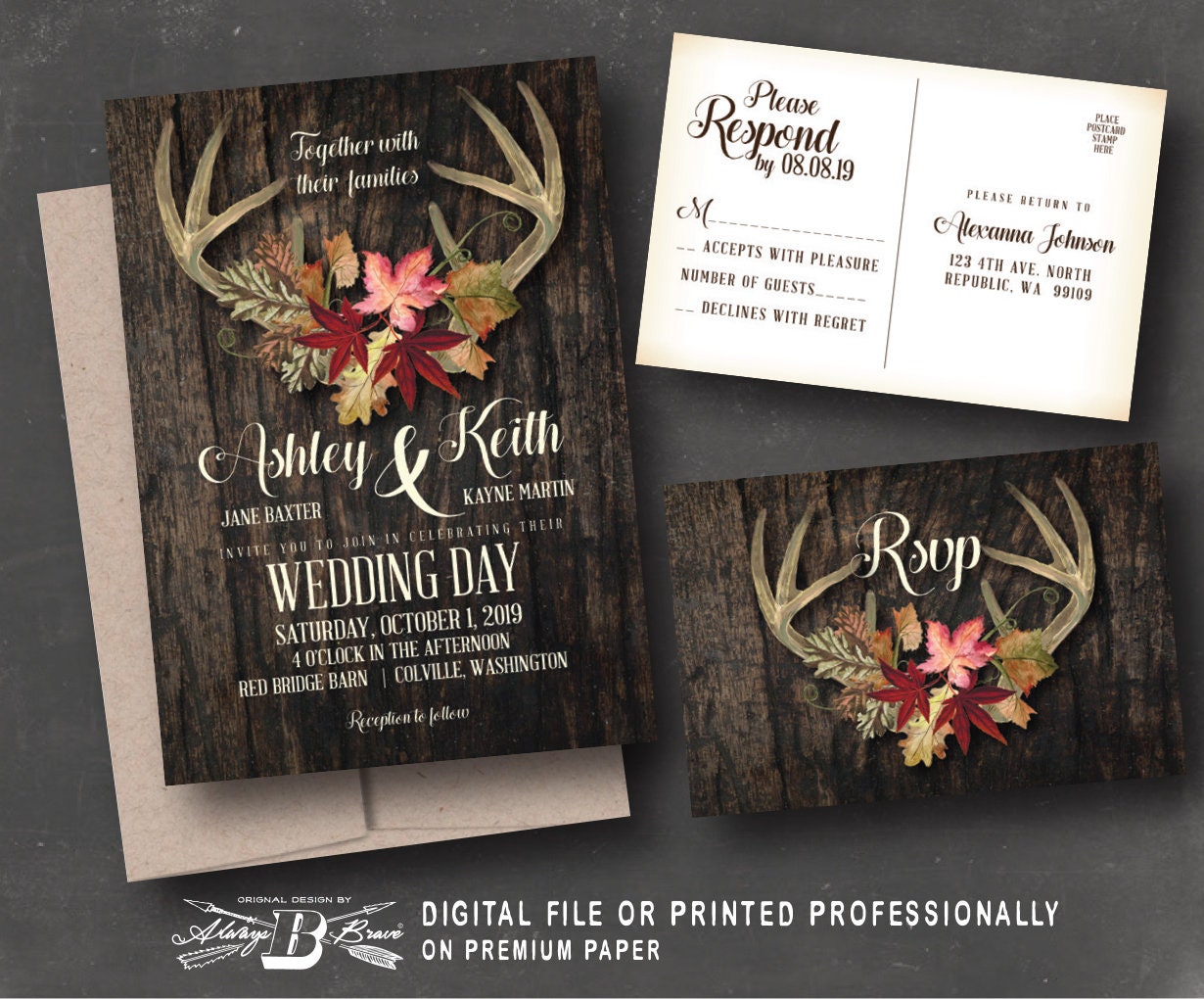 Deer Antler Wedding Invitation & RSVP Postcard Country | Etsy