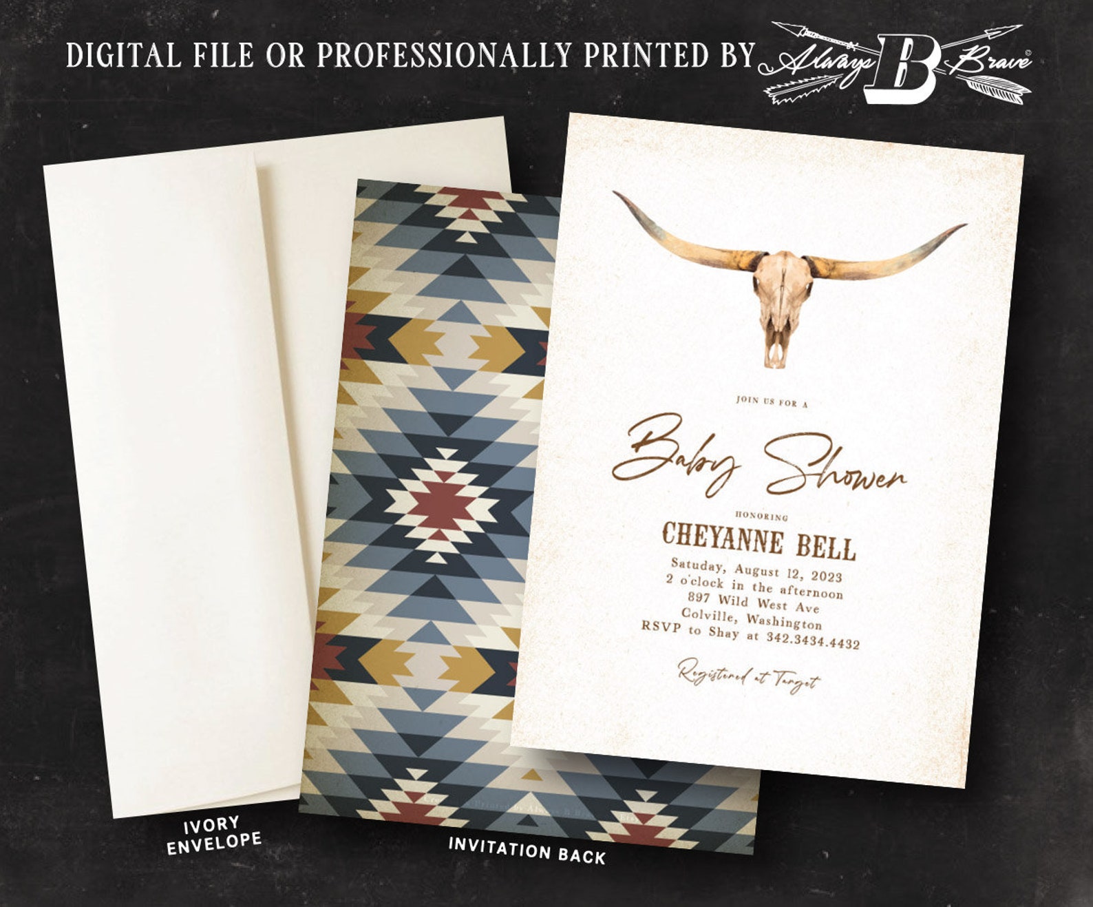 Longhorn Baby Shower Invitation Aztec Bull Skull Invitations - Etsy