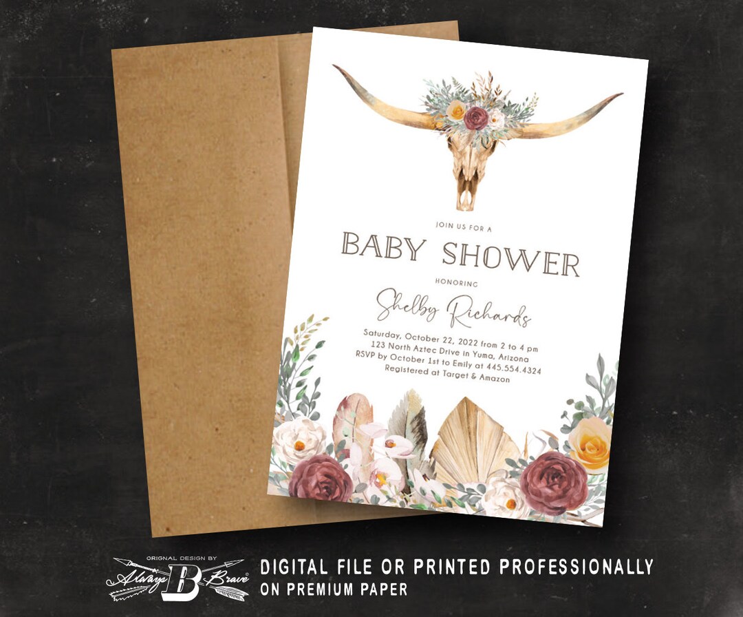 Bull Skull Baby Shower Invitation Bohemian Invitations Rustic Western ...