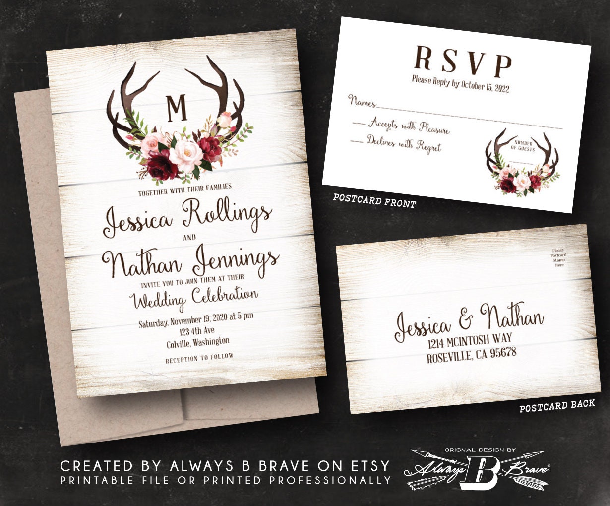 Deer Antler Wedding Invitation Boho Invitations & RSVP - Etsy