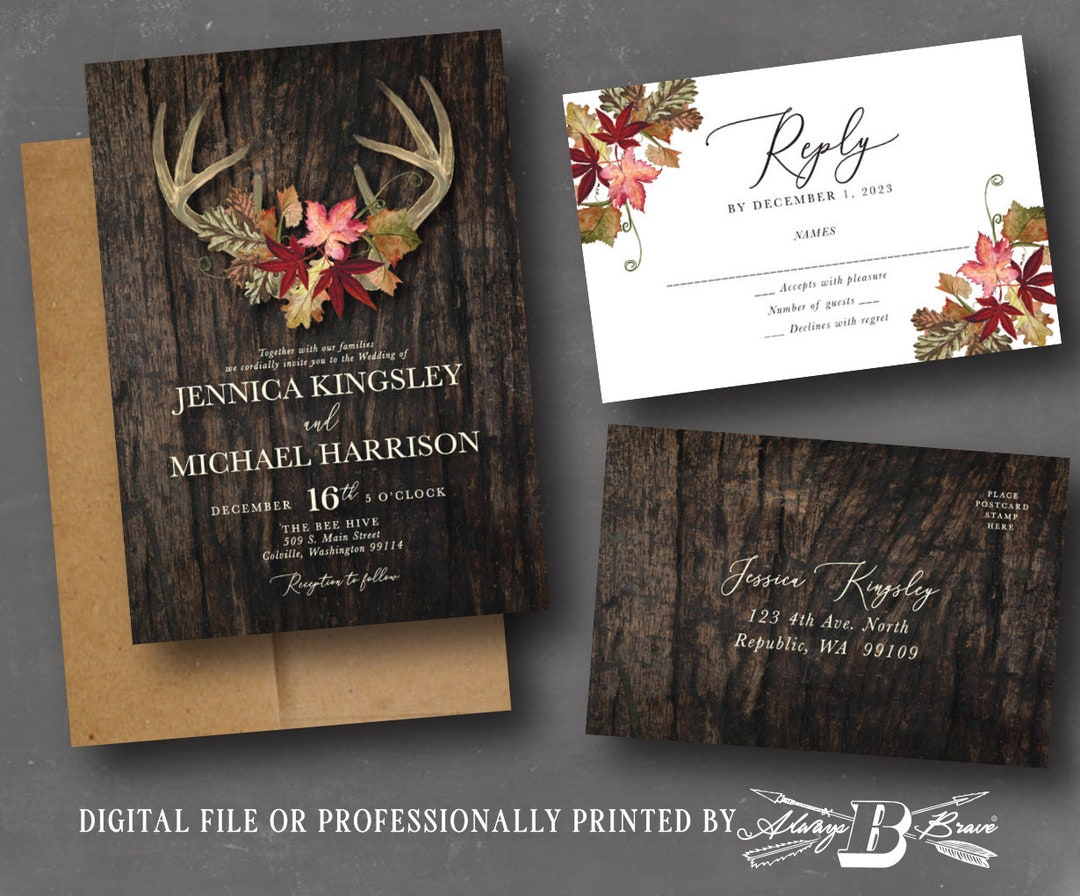 Deer Antler Wedding Invitation & RSVP Postcard Country Invites Wood ...