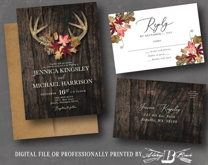 Deer Antler Wedding Invitation & RSVP Postcard Country Invites Wood ...
