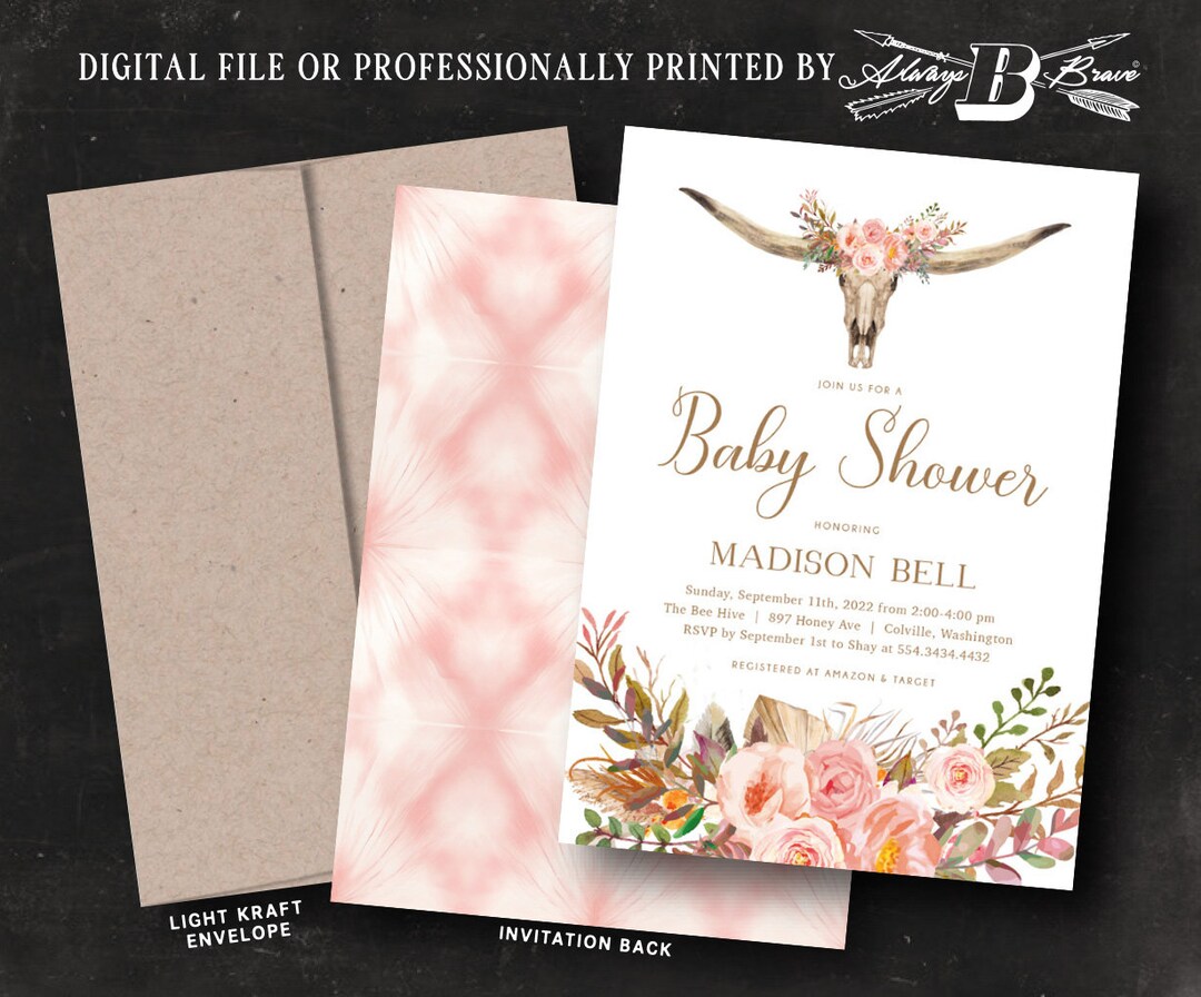 Bull Skull Baby Shower Invitation Bohemian Invitations Rustic Western ...