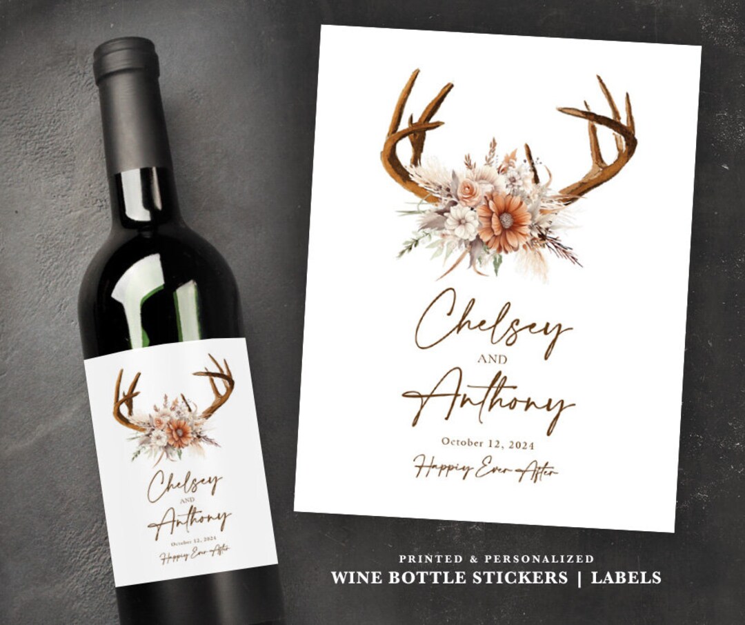 Deer Antler Wine Bottle Labels Bohemian Wedding Favors Rustic Antlers ...