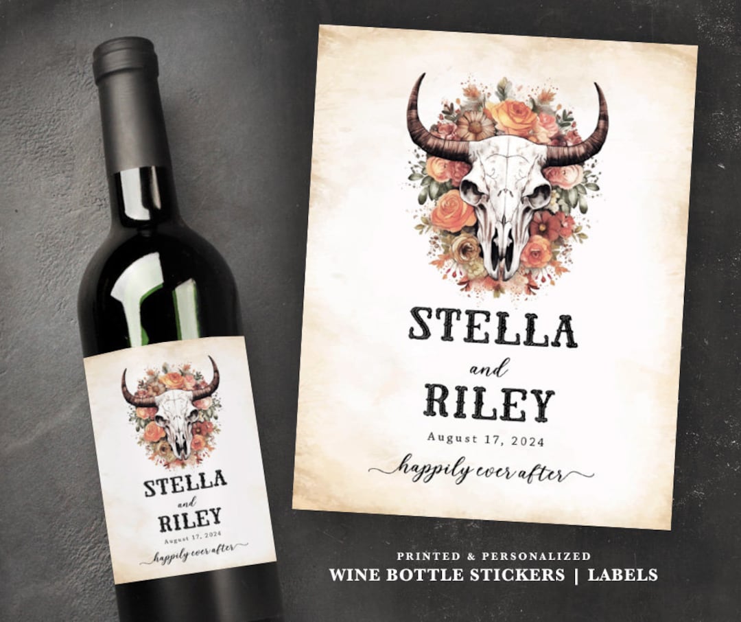 Bull Skull Wine Bottle Labels Western Wedding Favors Rustic Cow Label ...