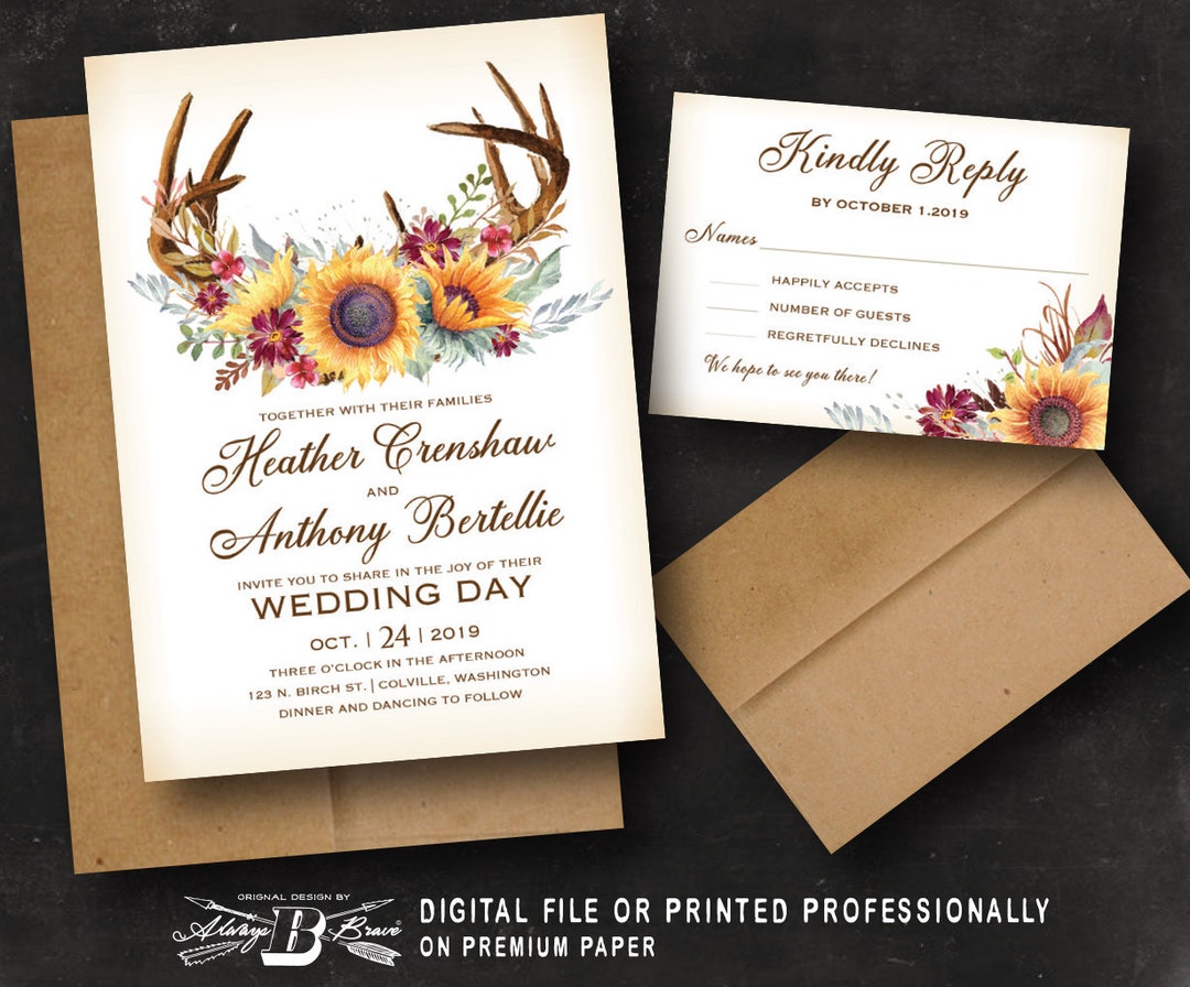 Deer Antler Wedding Invitation & RSVP Sunflower Invitations - Etsy