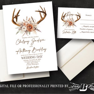 Deer Antler Wedding Invitation & RSVP Boho Invitations Rust Terra Cotta ...