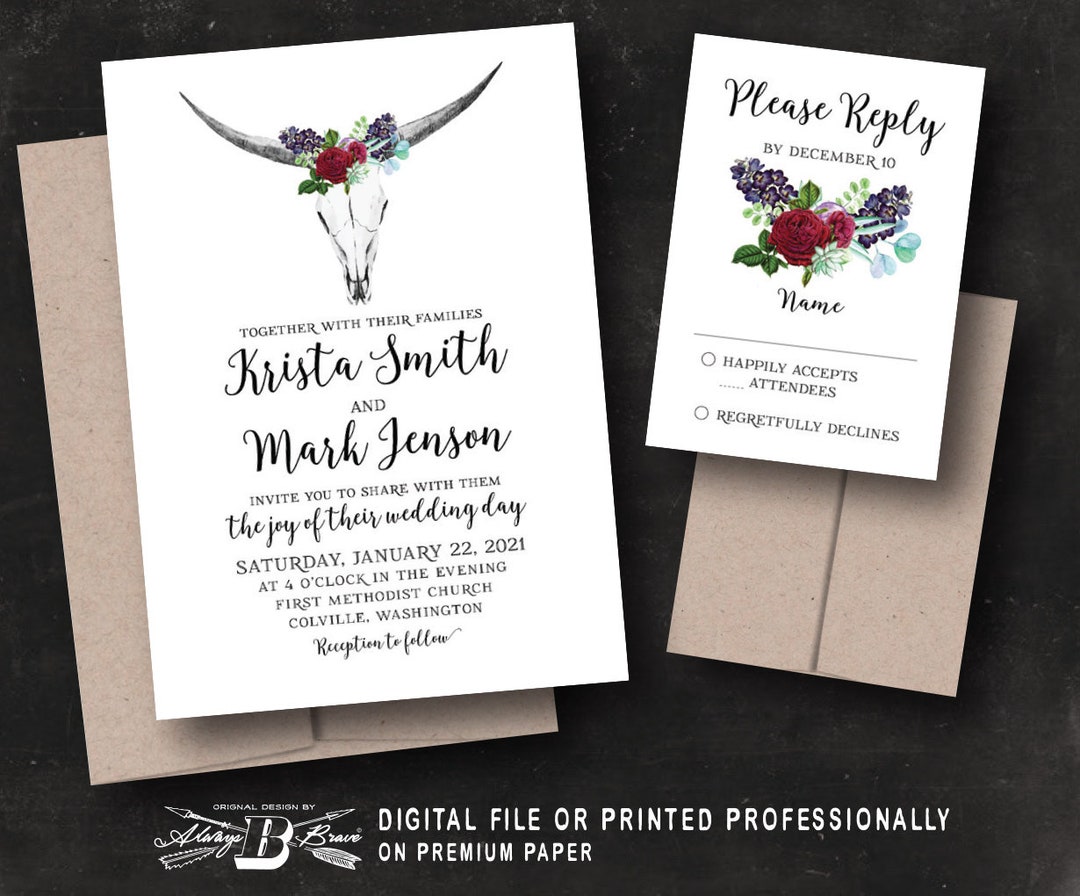 Bull Skull Wedding Invitation & RSVP Bohemian Invitations - Etsy
