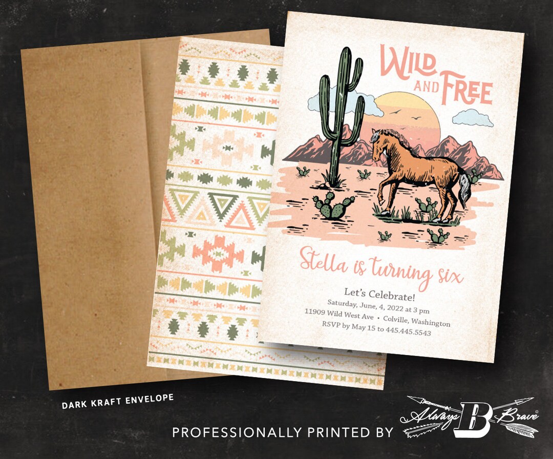 PRINTED Western Birthday Invitation Aztec Wild & Free Horse Invitations ...