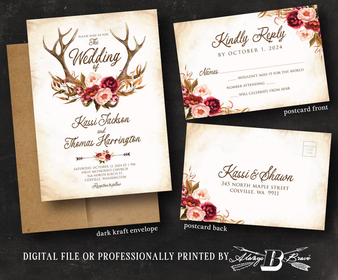 Elk Wedding Invitation & RSVP Maroon Burgundy Flowers Invitations ...