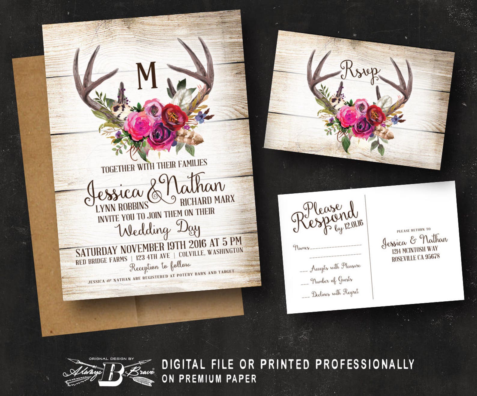 Deer Antler Wedding Invitation Woodland Boho Invites Wood | Etsy