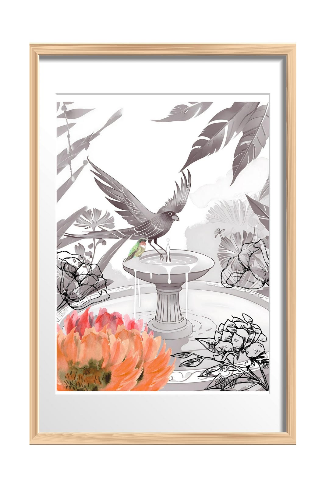 Vintage Bird Birth Botanical Drawing/ Bird Bath Botanical Printable ...