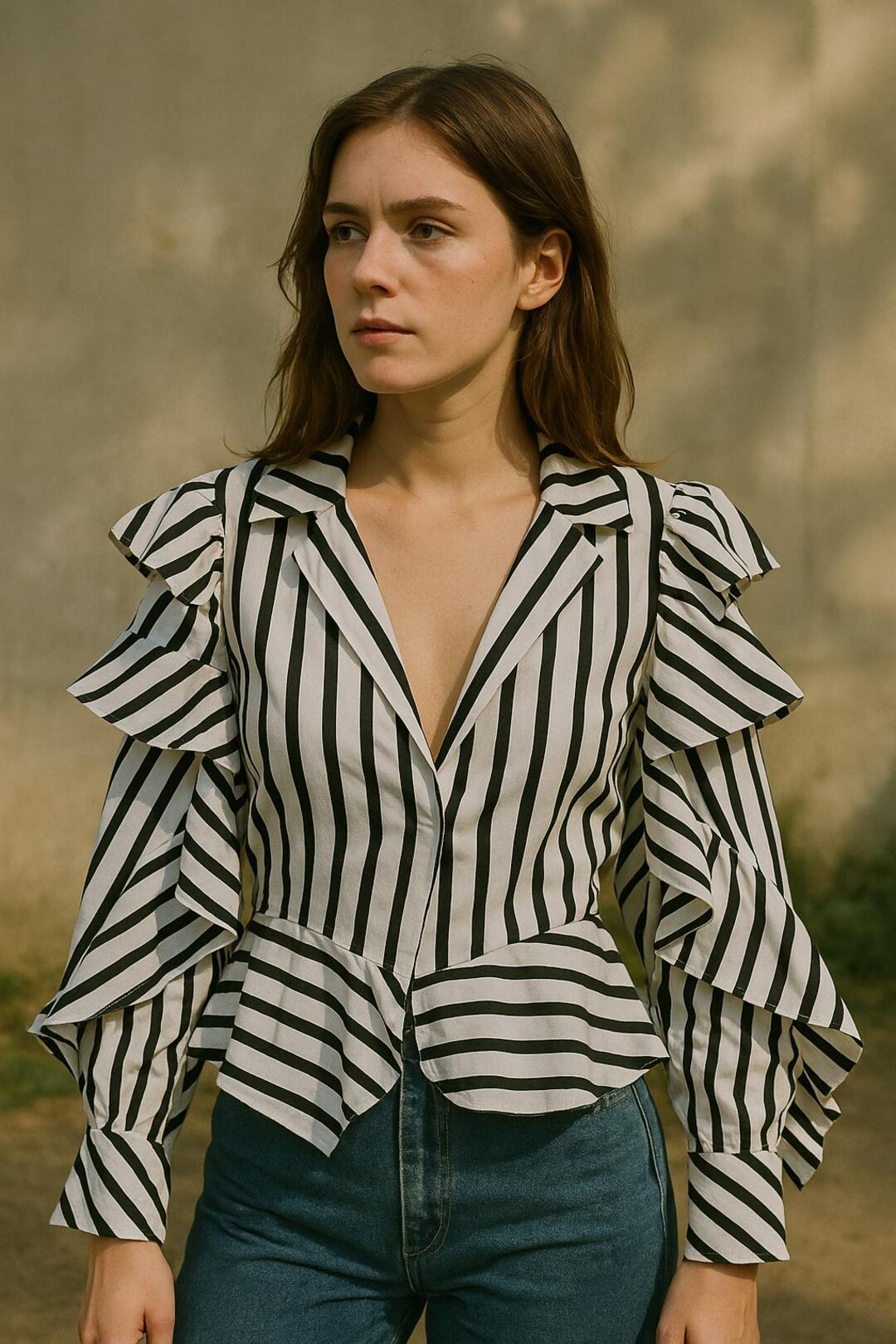 Lauren Ralph Lauren Black White Striped Ruffle Blouse Size 12 Cotton Vintage Designer Top ...