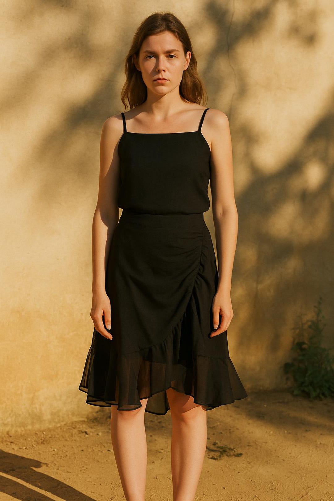 Vintage Black Ruched Chiffon Ruffle Skirt With Asymmetrical Hemline ...