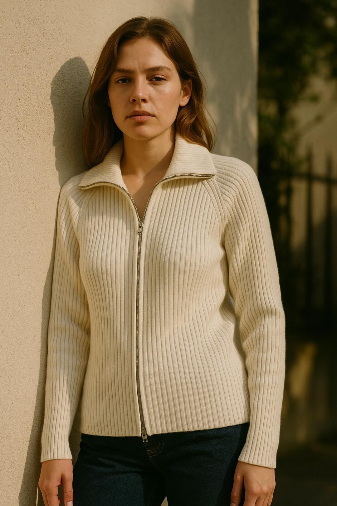 Vintage Debbie Morgan Cream Ribbed Zip Cardigan Knit Sweater Jacket ...