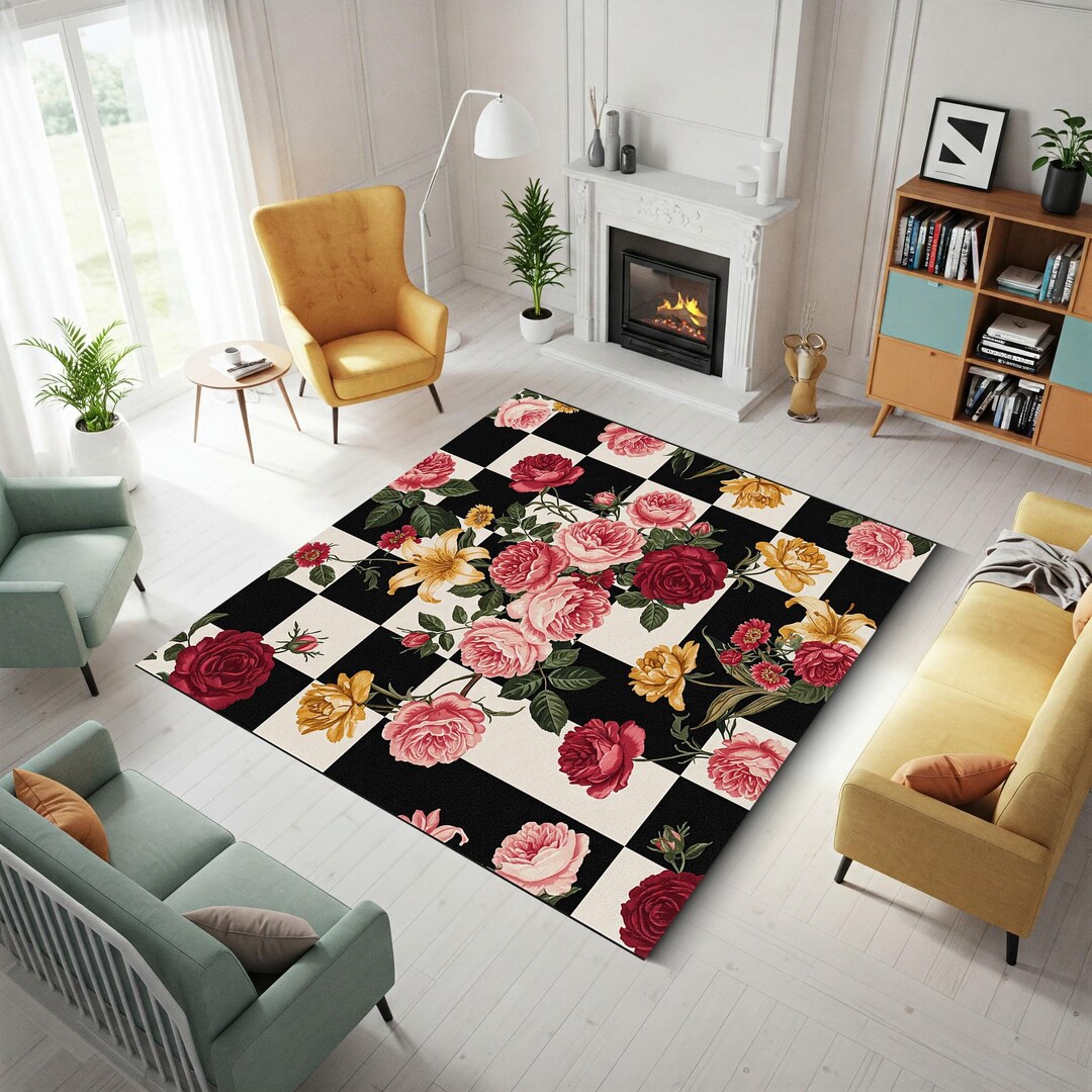 Vintage Roses and Checkered Rug-romantic Floral Pattern Living Room ...