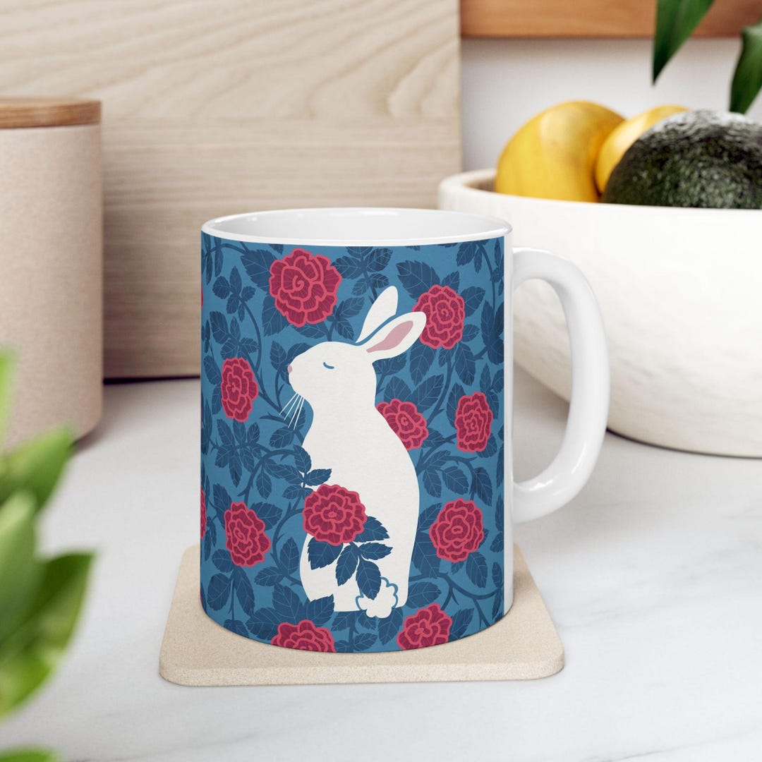 White Rabbit Mug - Floral Bunny Coffee Cup, Red Roses and Blue Leaves ...