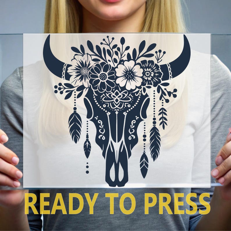 Floral Cow Skull DTF Transfer, Western Heat Press Design - Etsy
