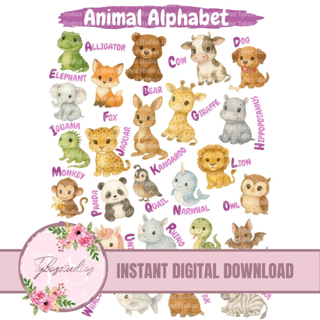 Pink Animal Alphabet Poster: Nursery Wall Art (PNG Digital Download) - Etsy