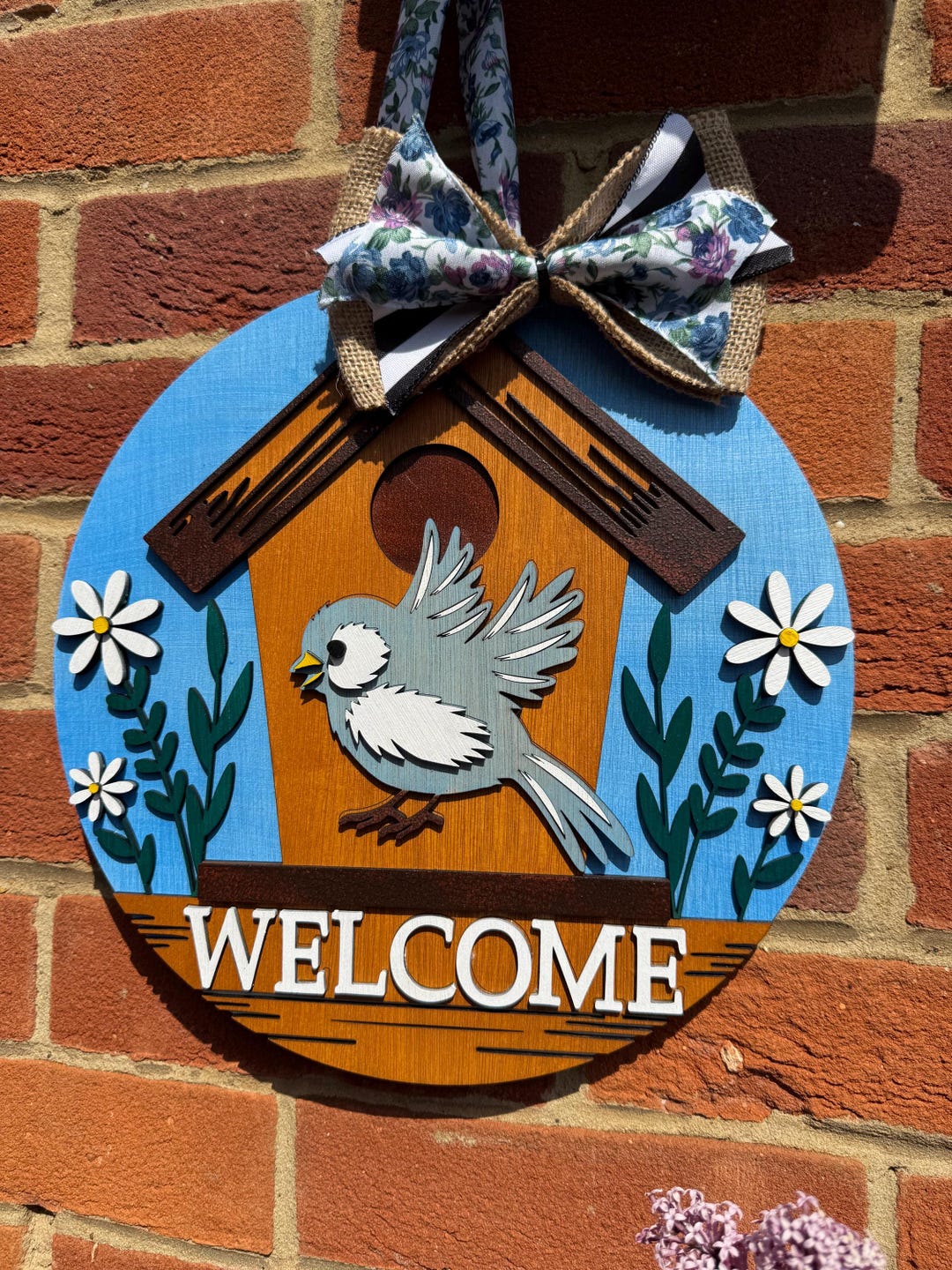 3D Birdhouse Welcome Sign: Hand-painted Door Hanger With Bow - Etsy