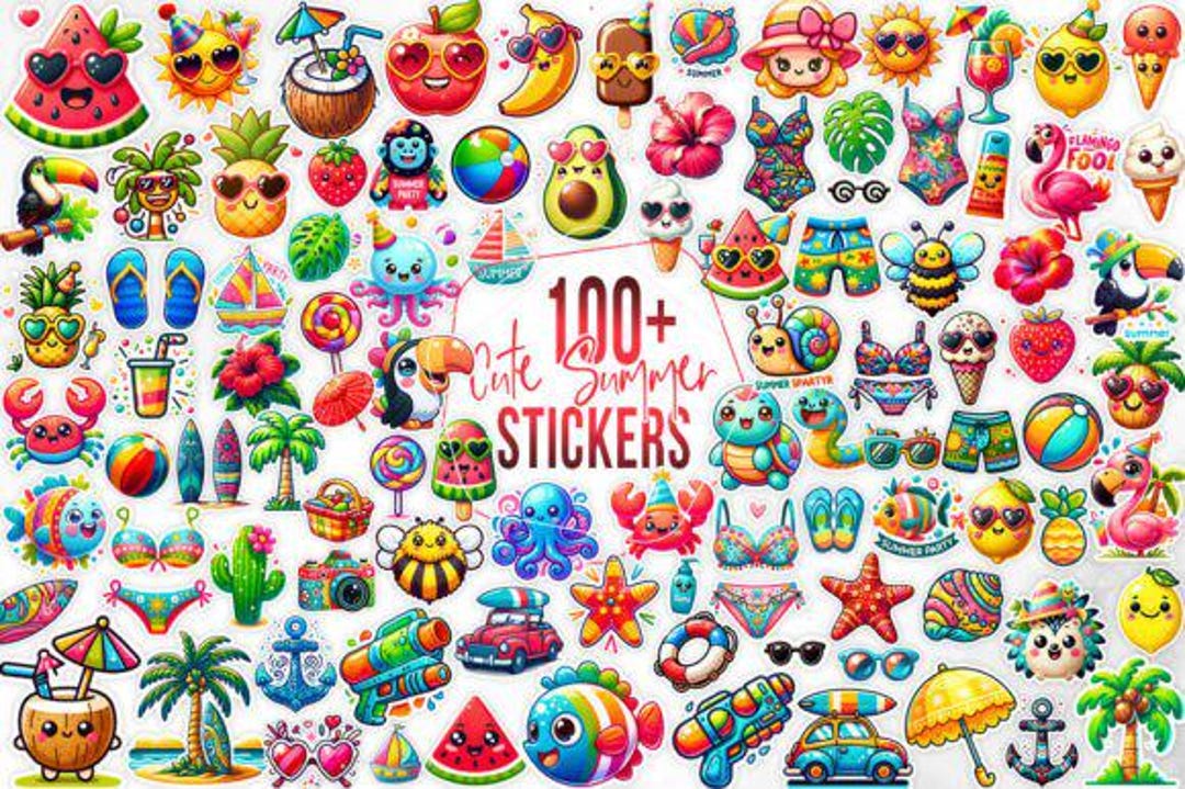 Digital Sticker Sheet Kawaii Summer Beach Vacation Clipart Bundle: 100 ...