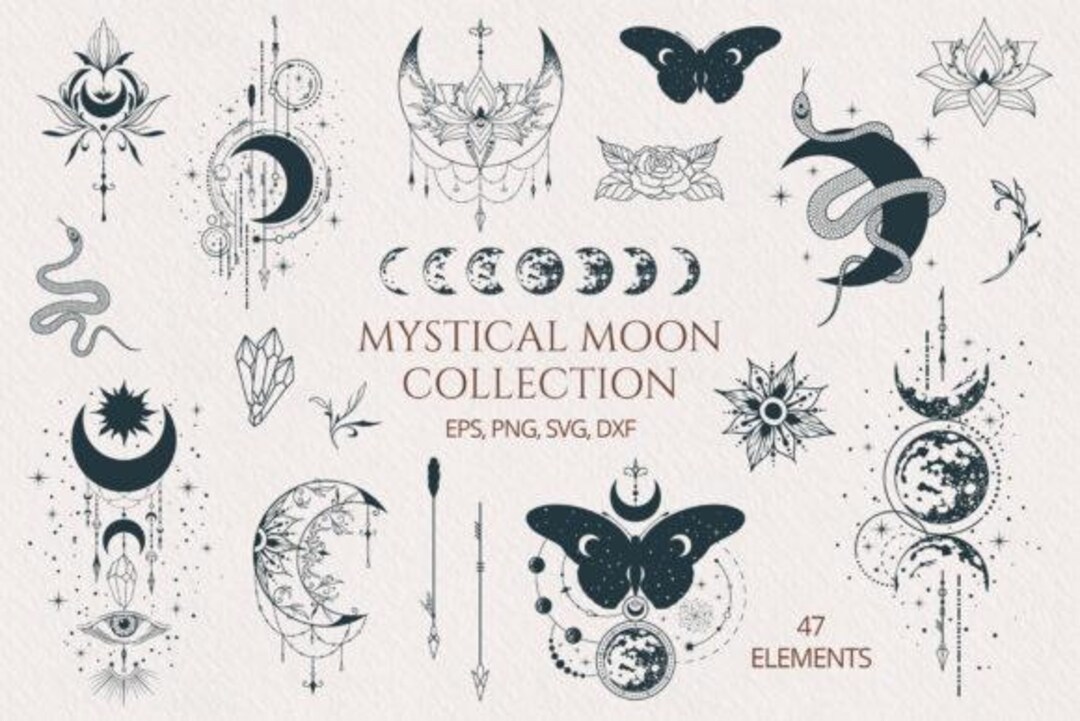 Mystical Moon SVG Bundle: 47 Hand-drawn Celestial Floral Lunar Phases ...