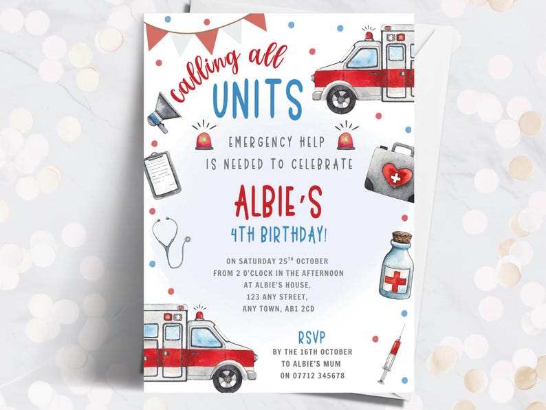 Ambulance Birthday Invitation, Editable Medical First Responder Party ...