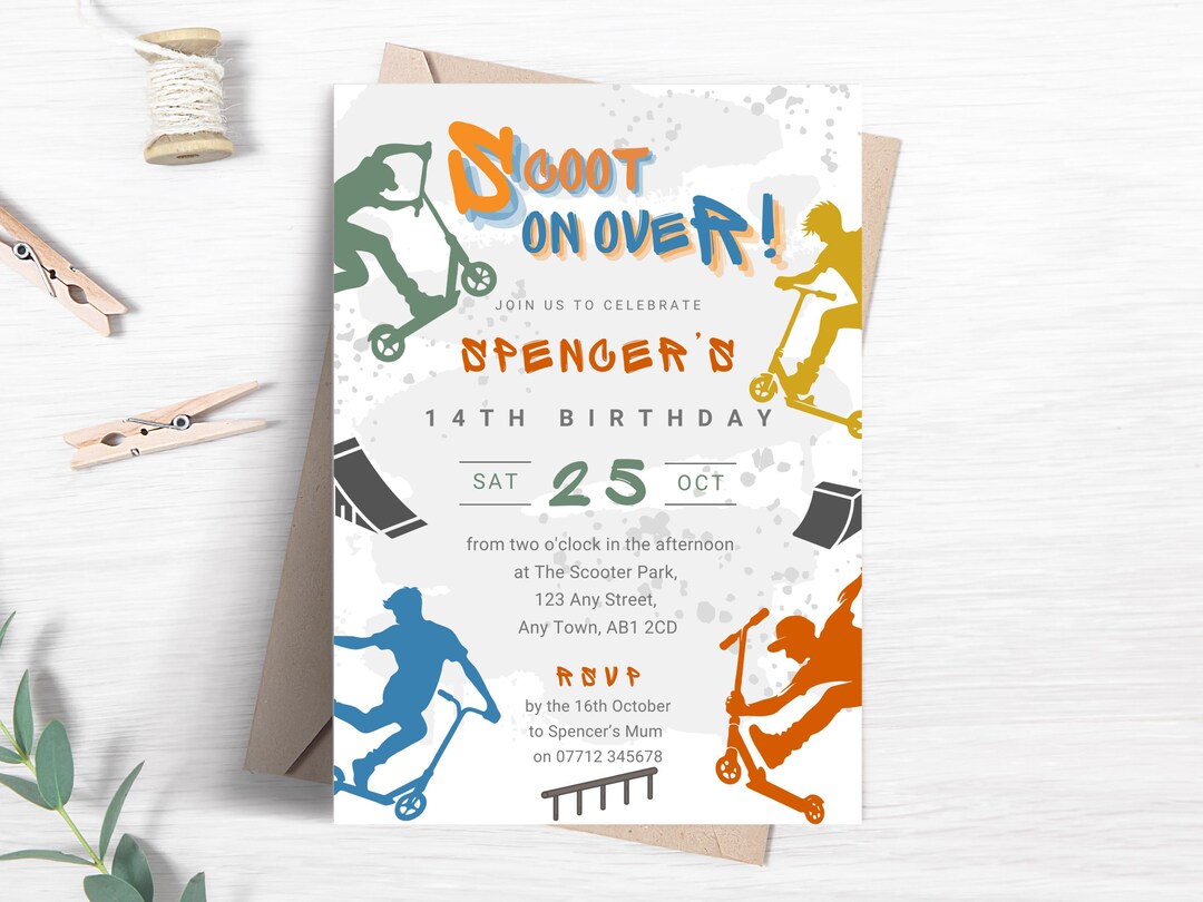 Scooter Birthday Invitation, Editable Stunt Scooter Party Invite for ...