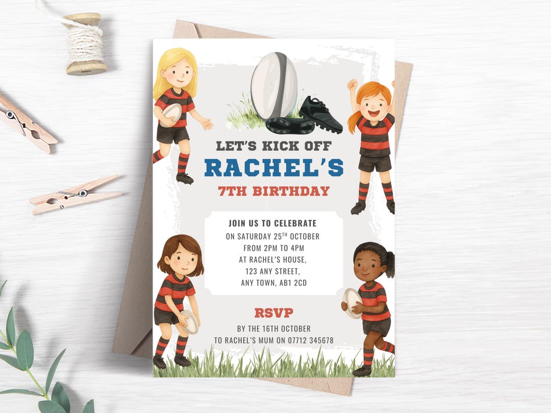 Girl’s Rugby Birthday Invitation, Editable Red & Navy Sports Invite for ...