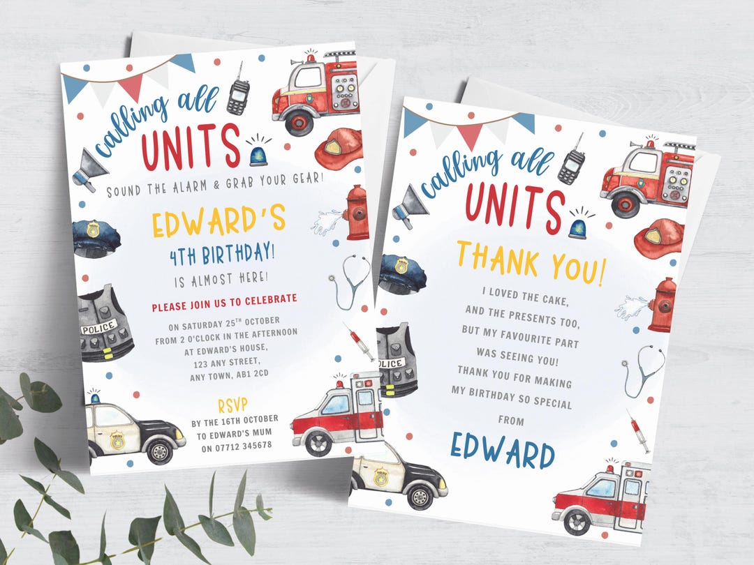 Emergency Vehicles Birthday Invitation & Thank You Card, Editable First ...