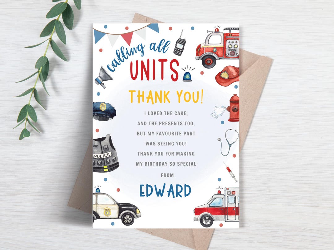 Emergency Vehicles Birthday Thanks, Editable First Responders Thank You ...