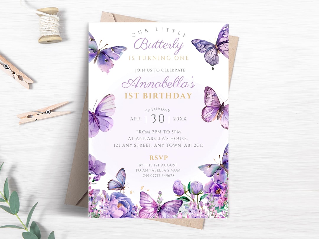 Editable Butterfly Birthday Invitation, Purple Butterflies Party Invite ...
