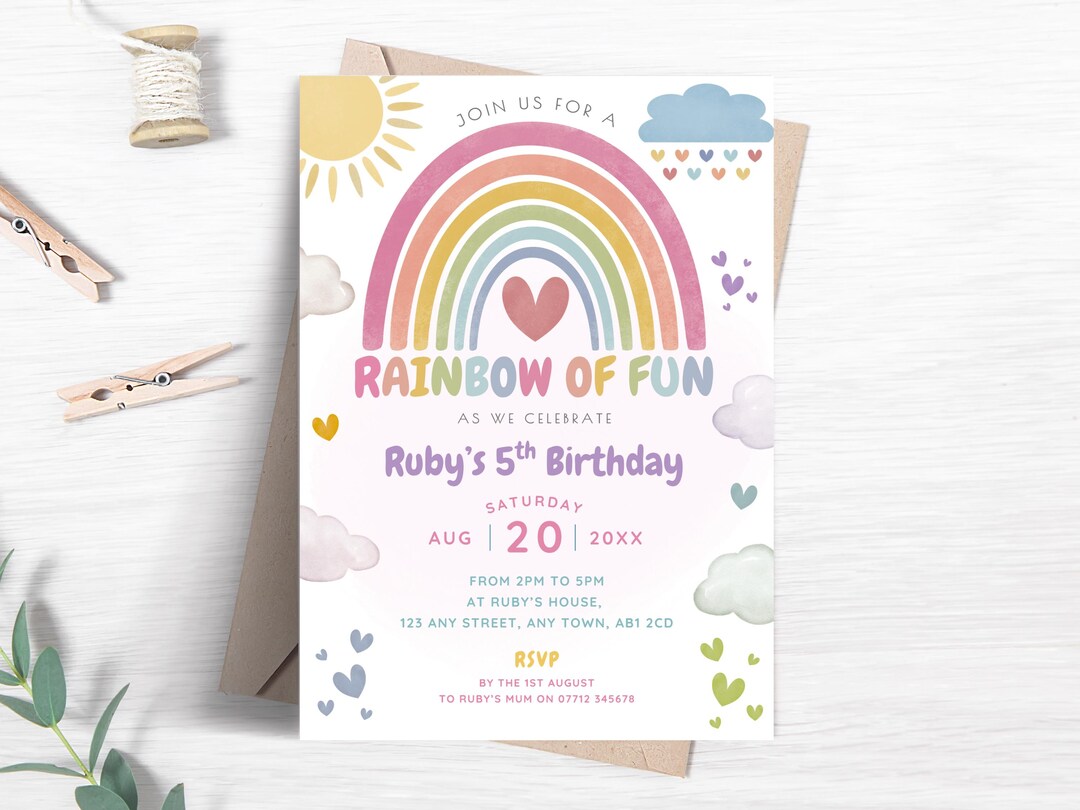 Editable Rainbow of Fun Birthday Invitation, Colourful Rainbow Invite ...