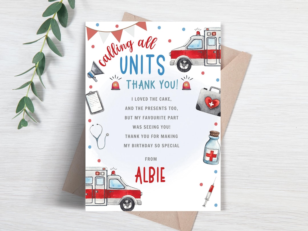 Ambulance Birthday Thank You Card, Editable Medical First Responder ...