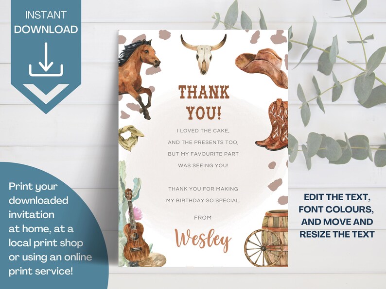 Cowboy Birthday Thank You Template, Editable Rodeo Cowboys Thank You ...