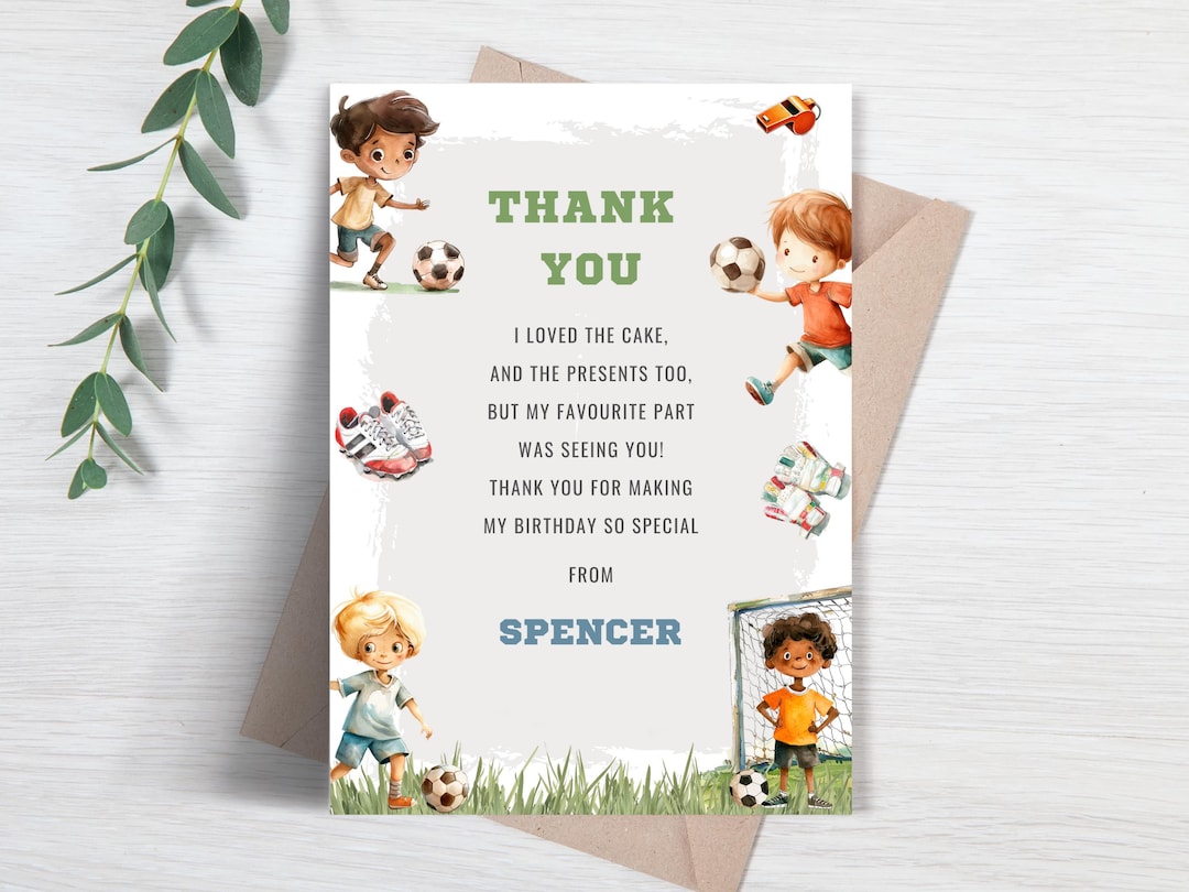 Boy's Soccer Birthday Thank You Card, Editable Boys Playing Sports ...