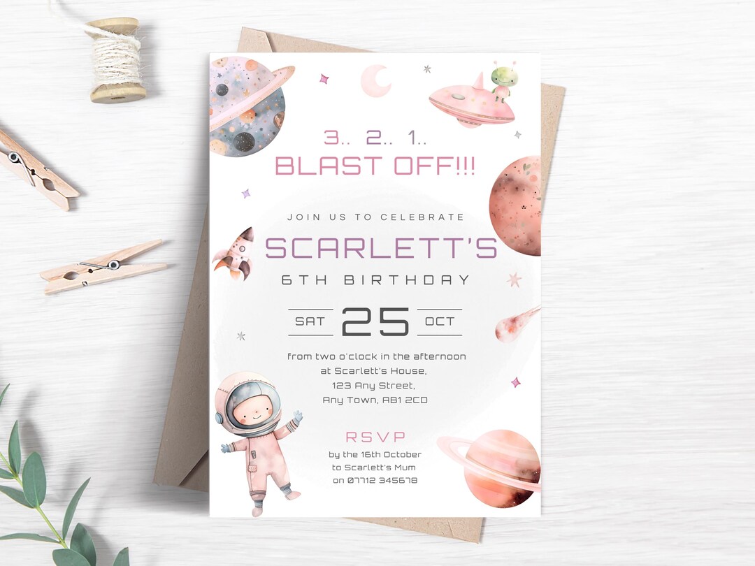 Pink Outer Space Birthday Invitation, Editable Space Rocket Party ...