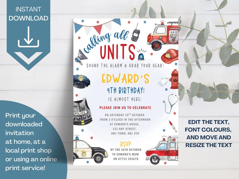 Emergency Vehicles Birthday Invitation & Thank You Card, Editable First ...