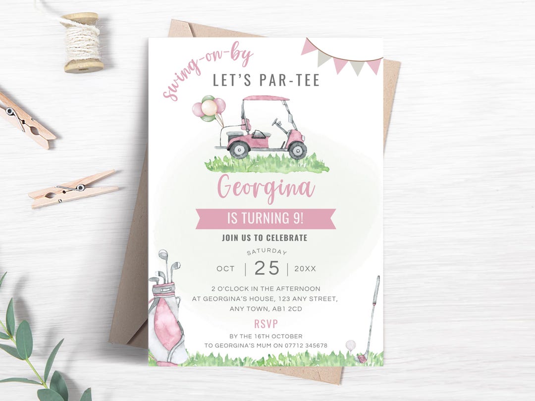Girl's Golf Buggy Birthday Invitation, Editable Pink Golfing Cart ...