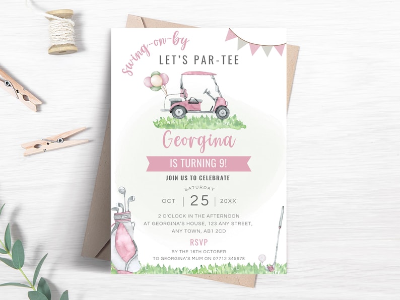 Girl's Golf Buggy Birthday Invitation, Editable Pink Golfing Cart ...
