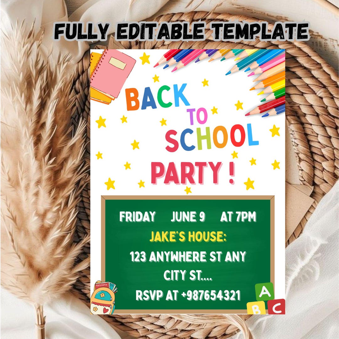 Editable Back to School Party Invitation Template (digital Download ...