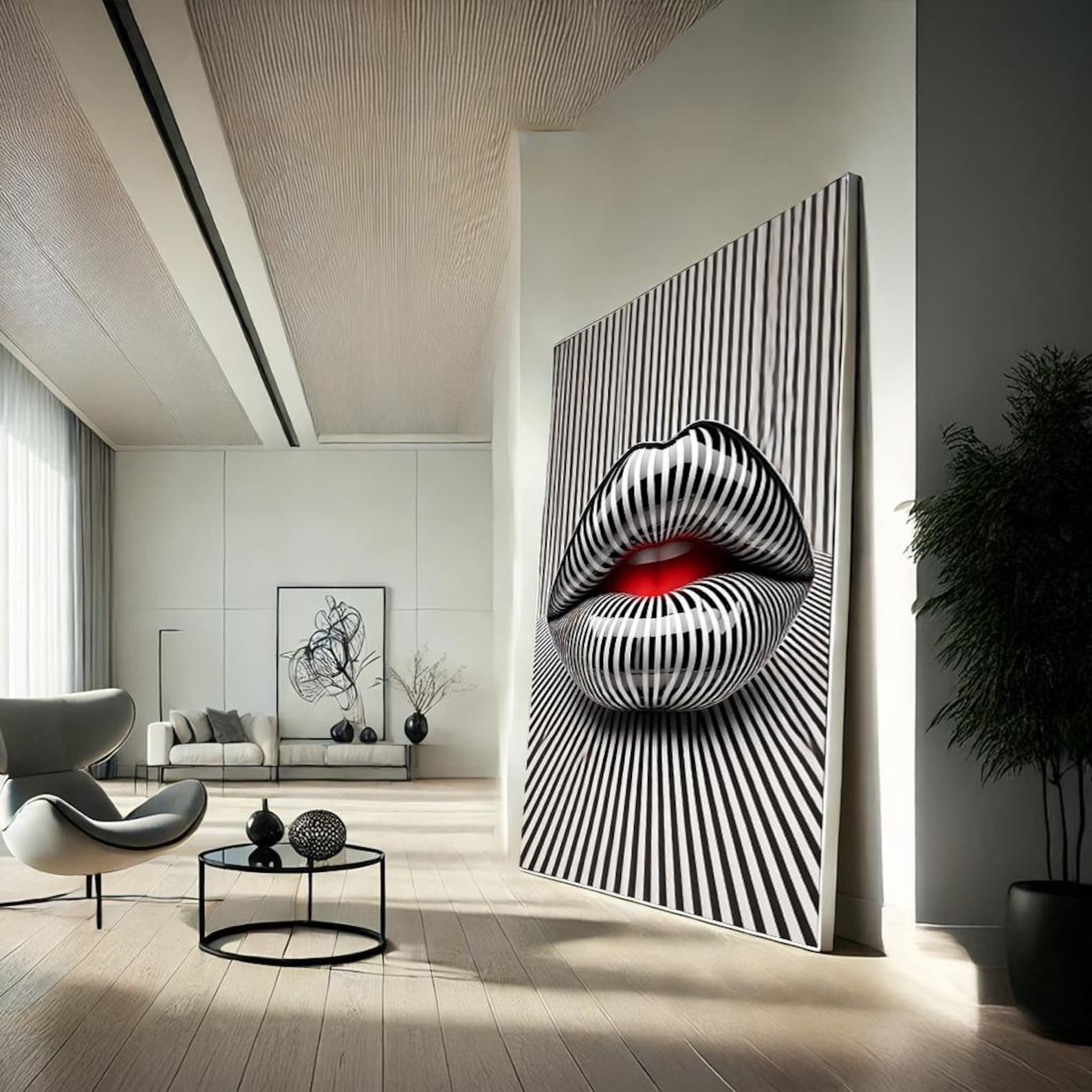 Optical Illusion Lips Art, 3D Pop Art Canvas, Black and White Abstract ...