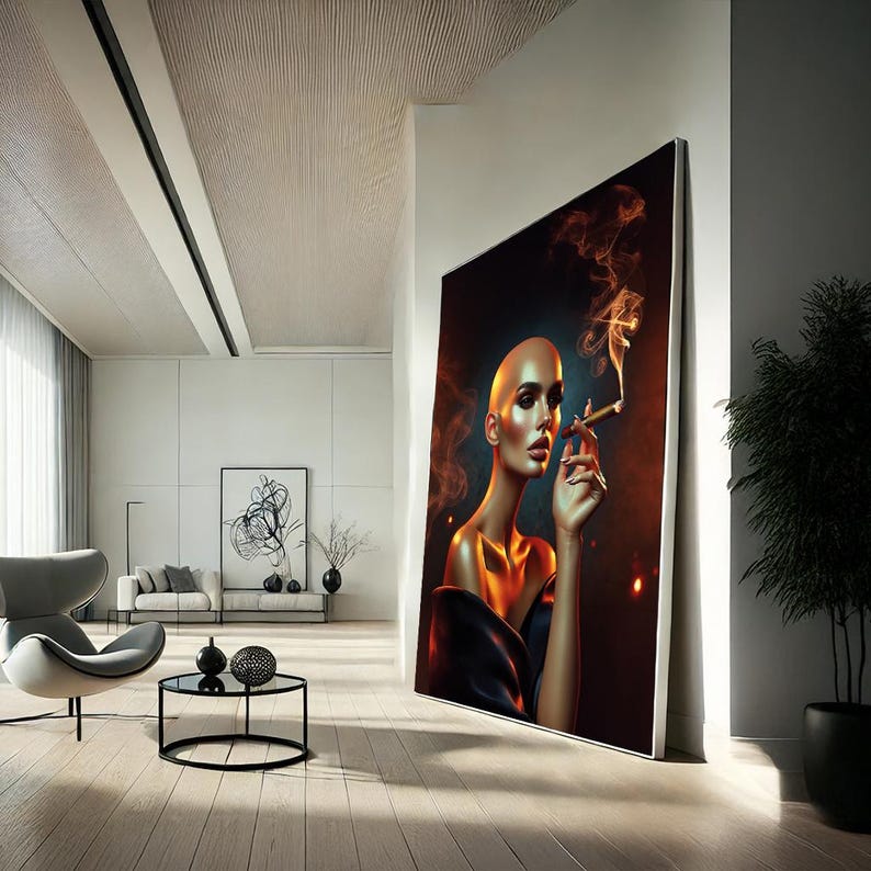 Bald Woman Smoking Cigar Wall Art – Bold Feminine Canvas Print, Dark ...