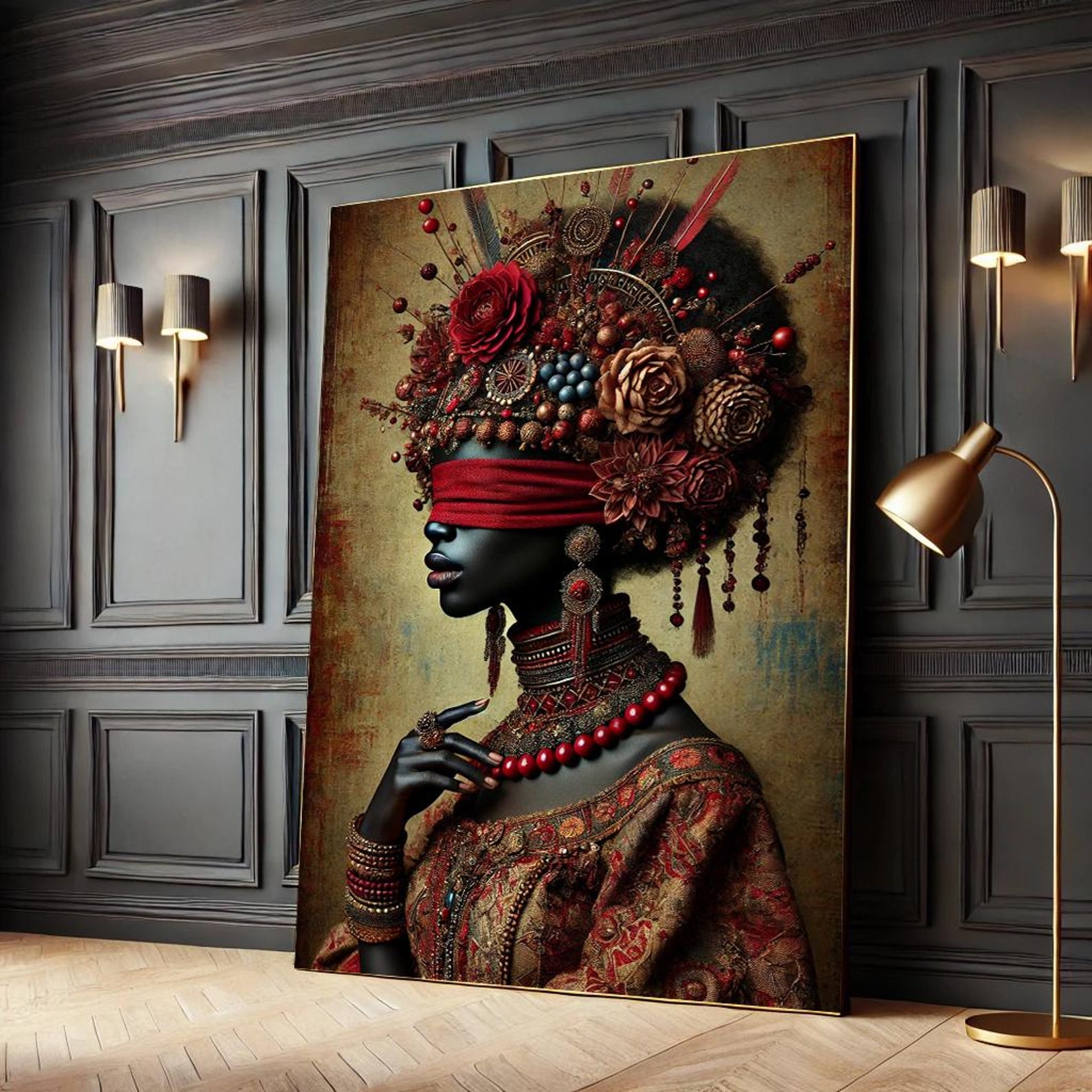 African Queen Gold & Red Wall Art - Cultural Portrait Canvas, Regal ...