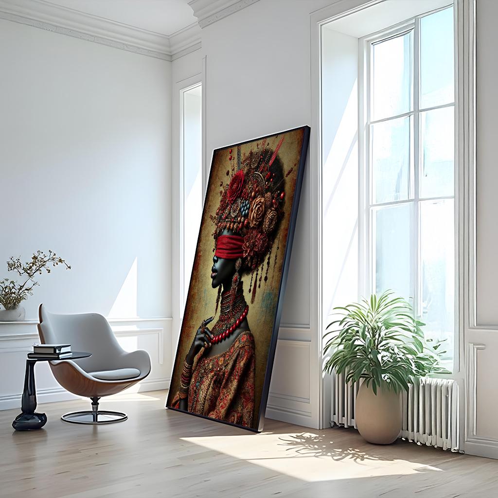 African Queen Gold & Red Wall Art - Cultural Portrait Canvas, Regal ...