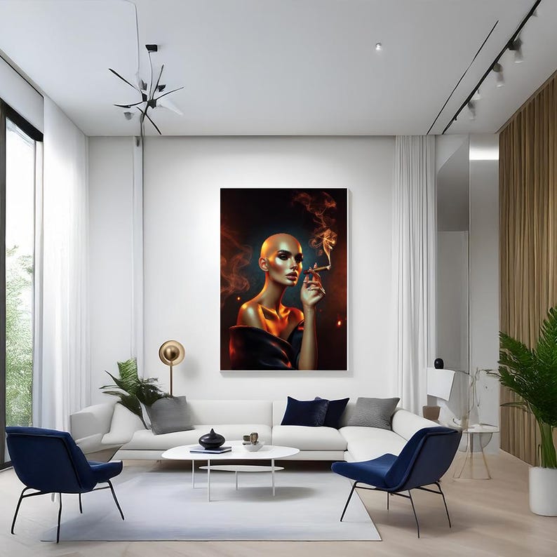 Bald Woman Smoking Cigar Wall Art – Bold Feminine Canvas Print, Dark ...