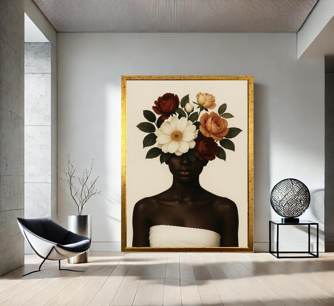 Floral Woman Portrait Canvas, Minimal Botanical Wall Art, Modern Black ...